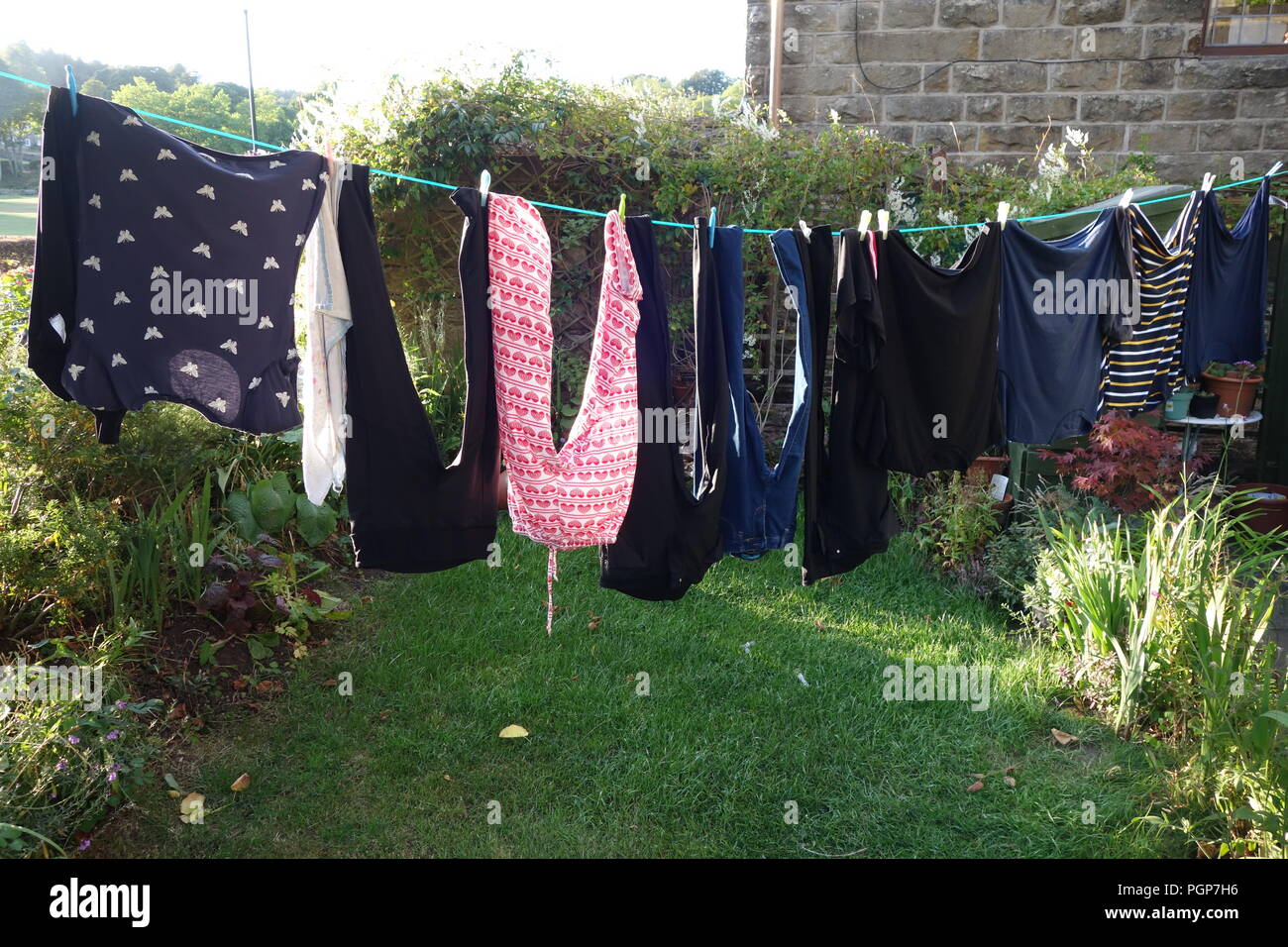 Washing drying on a washing line in a country cottage small front ...