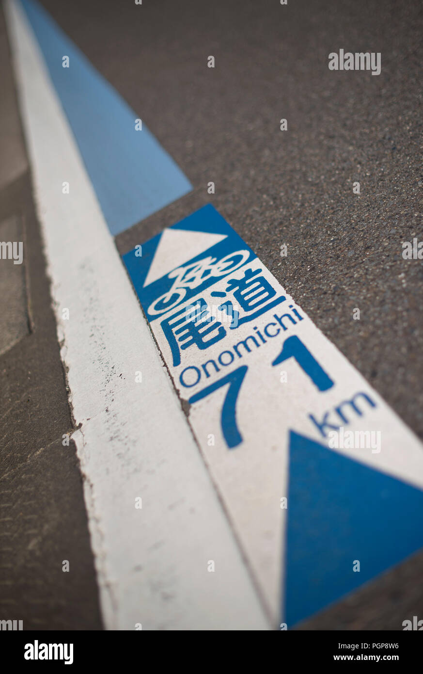 Photo shows the blue line that guides cyclists along the Setouchi ...