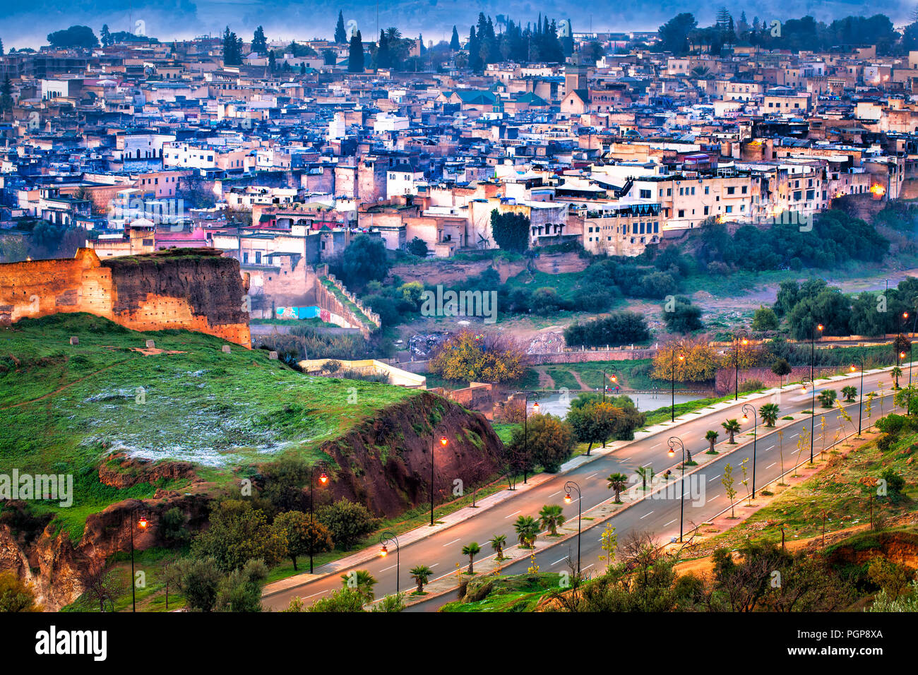 Morocco Fez aerial of old town and the modern perimeter road outside ...