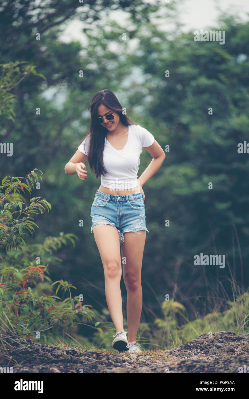 portrait of young beautiful girl woman happy with nature, against ...