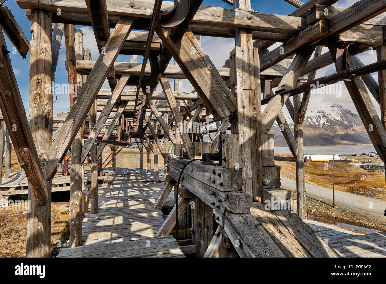 old construction of a cable car for coal mining in Longyearbyen ...