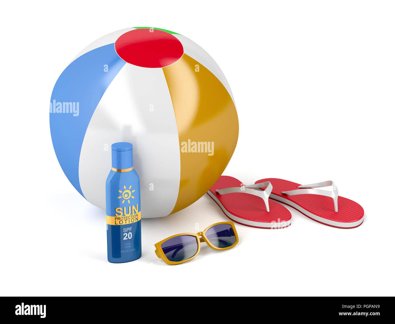 Beach ball, flip-flops, sunscreen lotion and sunglasses on white ...