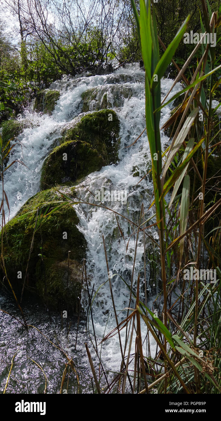 Small waterfall, white foamy water rushing over rocks in Plitvice Lakes ...