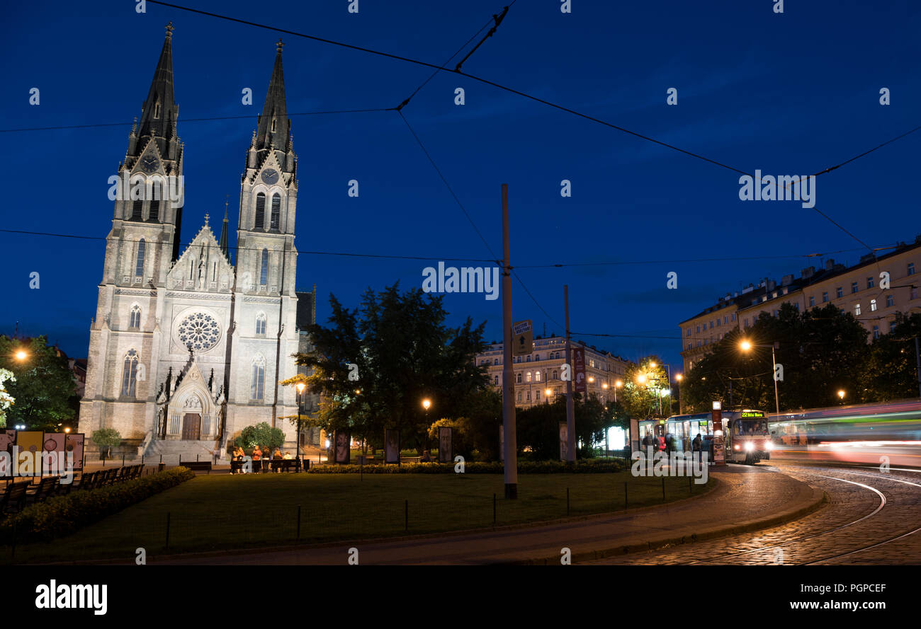 The famous trams and St. Ludmila church, Prague, Czech Republic Stock ...