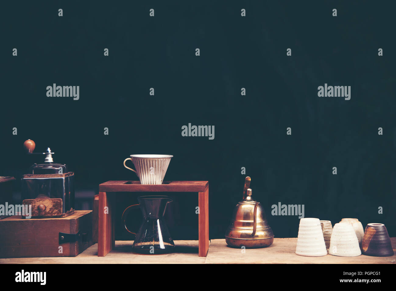 Drip coffee glass kits on the coffee bar at coffee shop cafe display ...