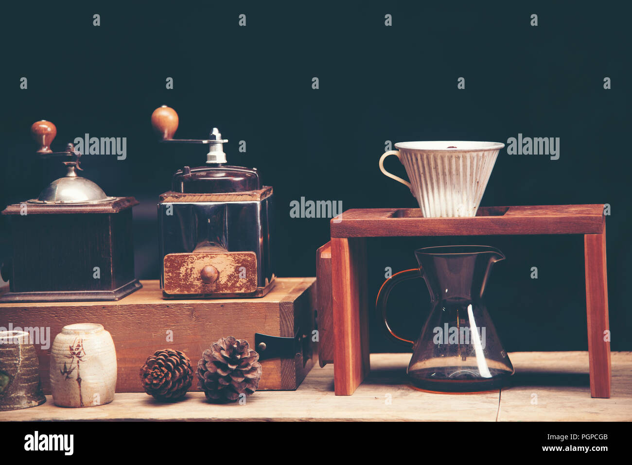 Drip coffee glass kits on the coffee bar at coffee shop cafe display ...