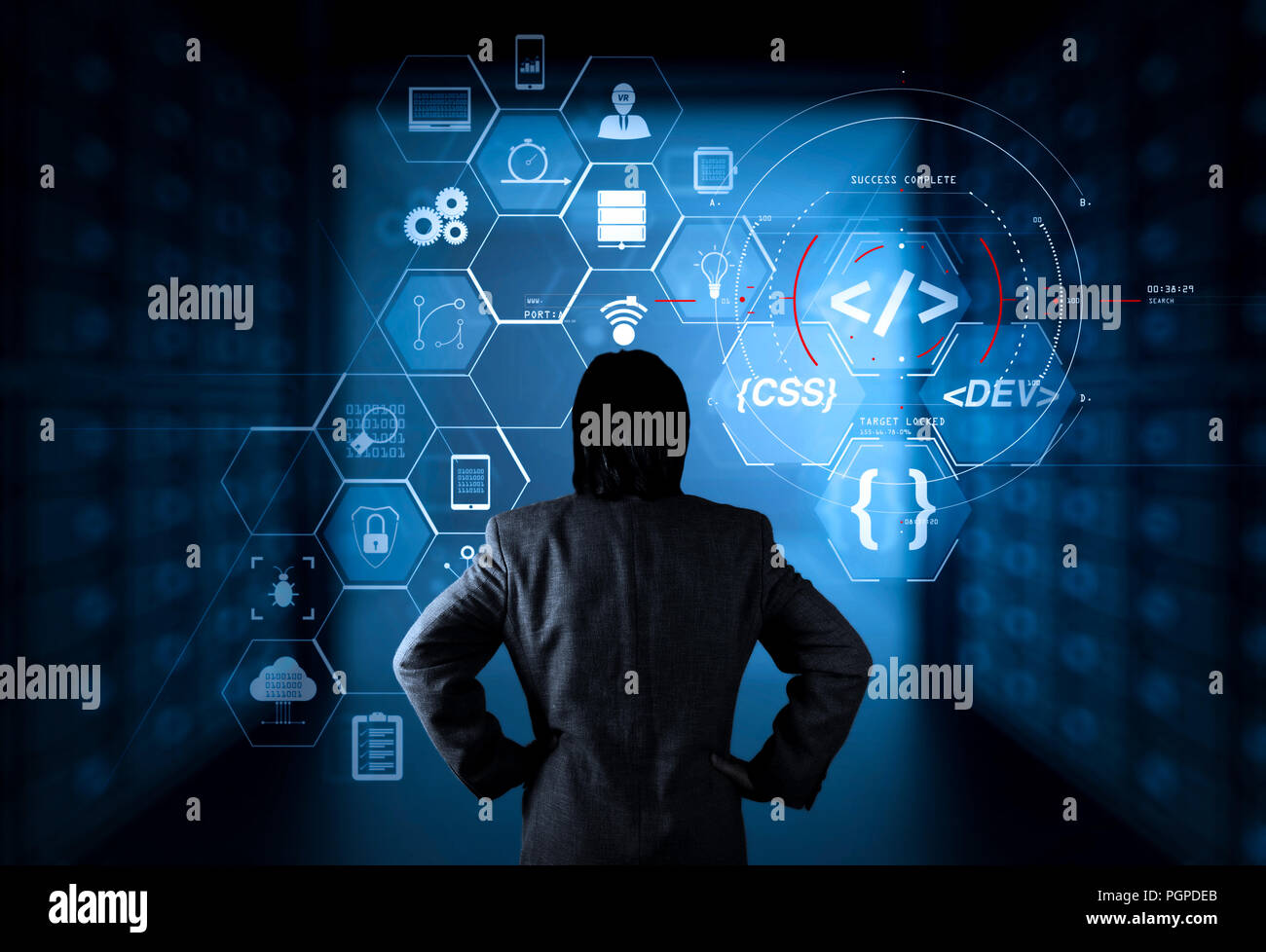 Coding software developer work with augmented reality dashboard ...