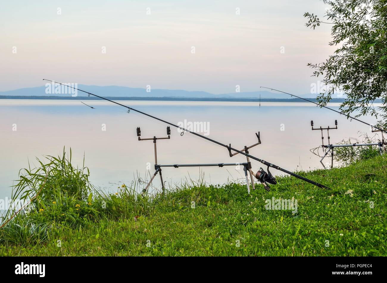 Beautiful summer landscape. Rods on the shore of the lake Stock Photo ...