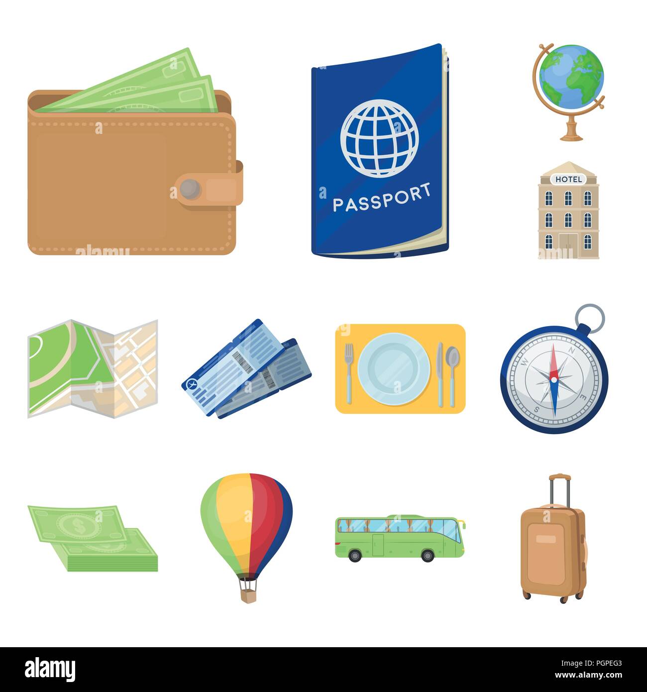 Rest and travel cartoon icons in set collection for design. Transport ...