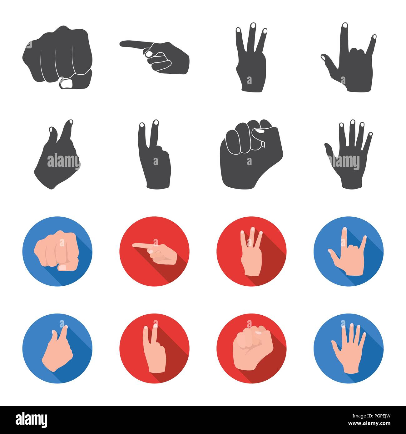 Open fist, victory, miser. Hand gesture set collection icons in black ...