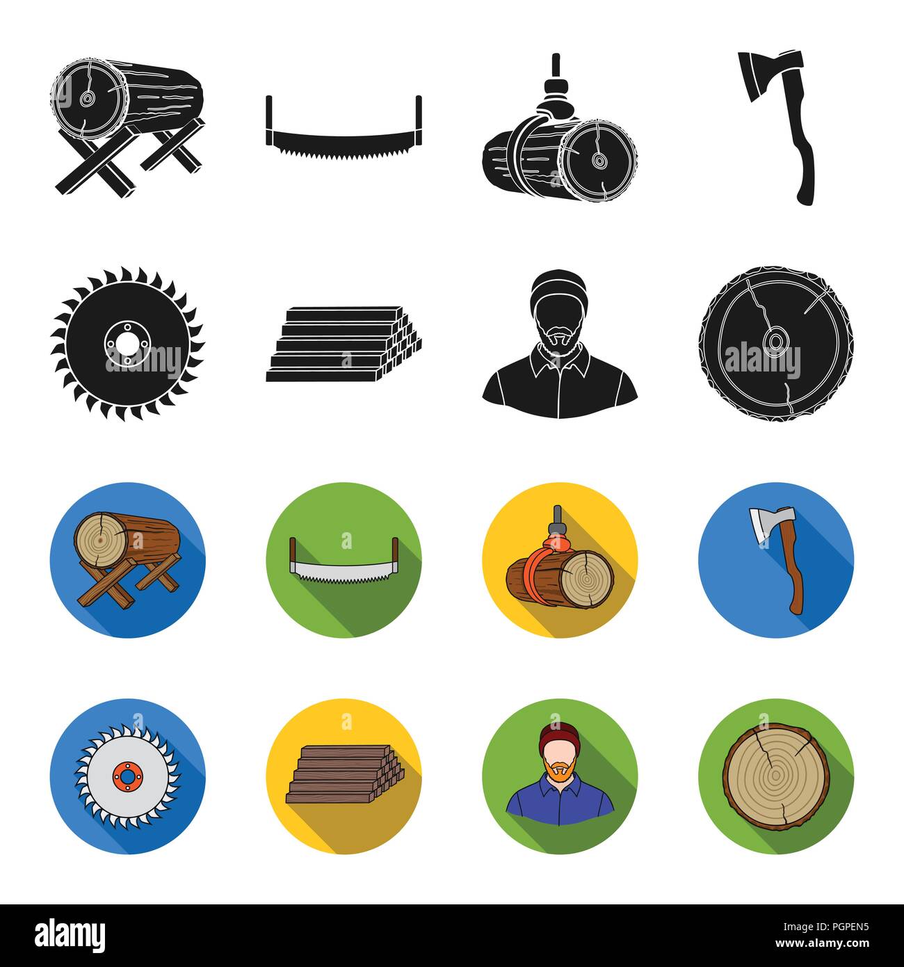 Circular saw, a working carpenter, a stack of logs. A sawmill and ...