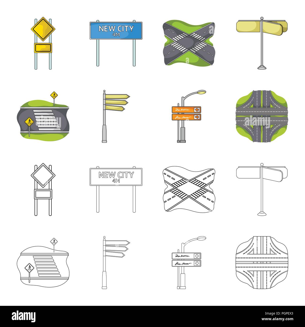 Direction signs and other icon in cartoon,outline style.Road junctions ...