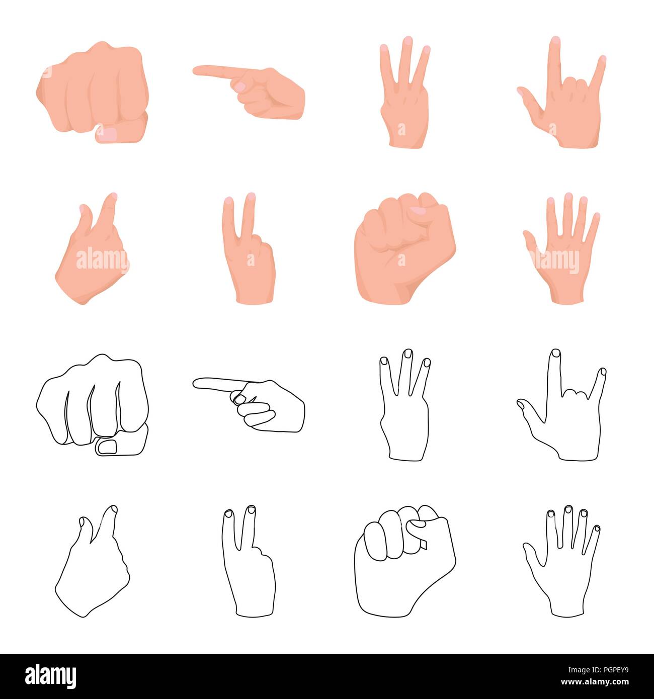 Open fist, victory, miser. Hand gesture set collection icons in cartoon ...