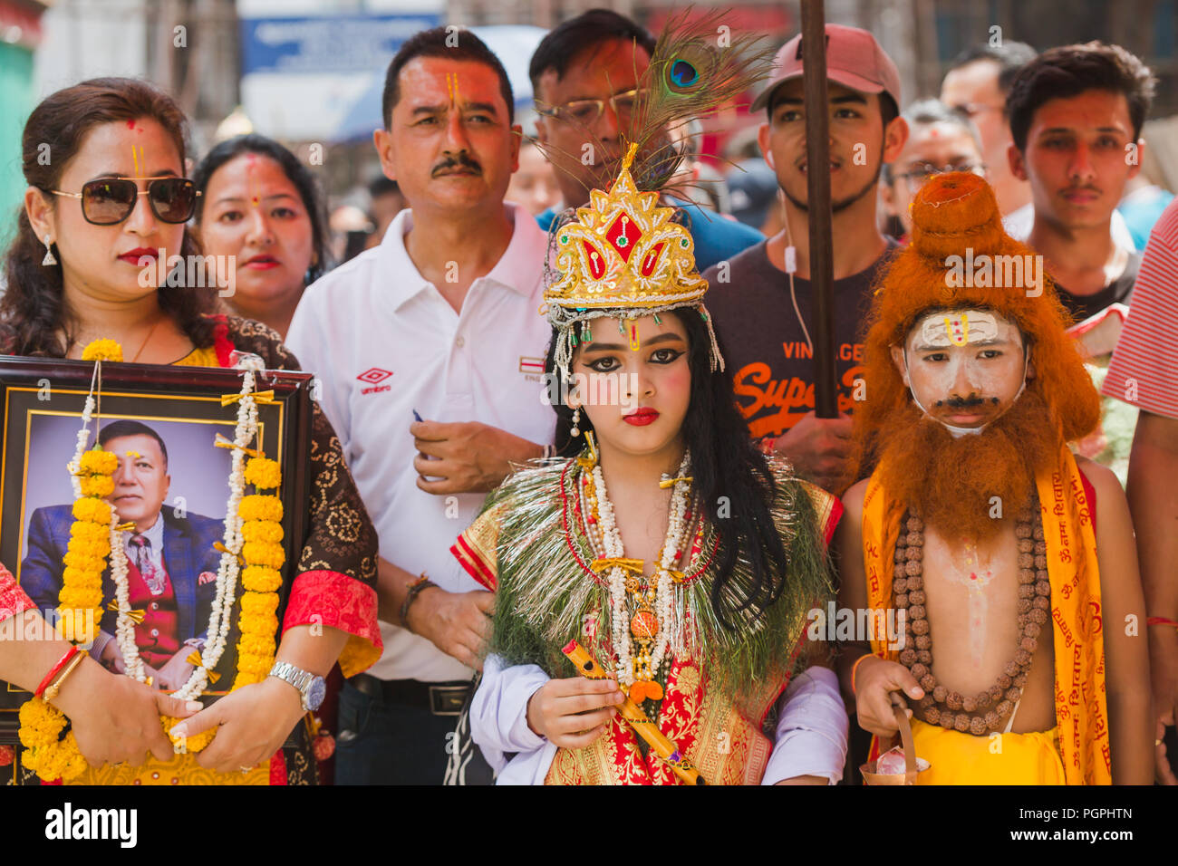 Kathmandu,Nepal - Aug 27,2018: People celebrating Gaijatra Festival.Gai ...