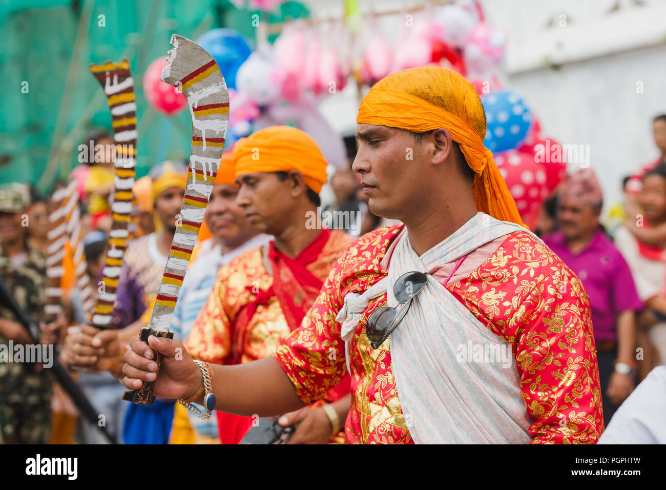 Kathmandu,Nepal - Aug 27,2018: People celebrating Gaijatra Festival.Gai ...