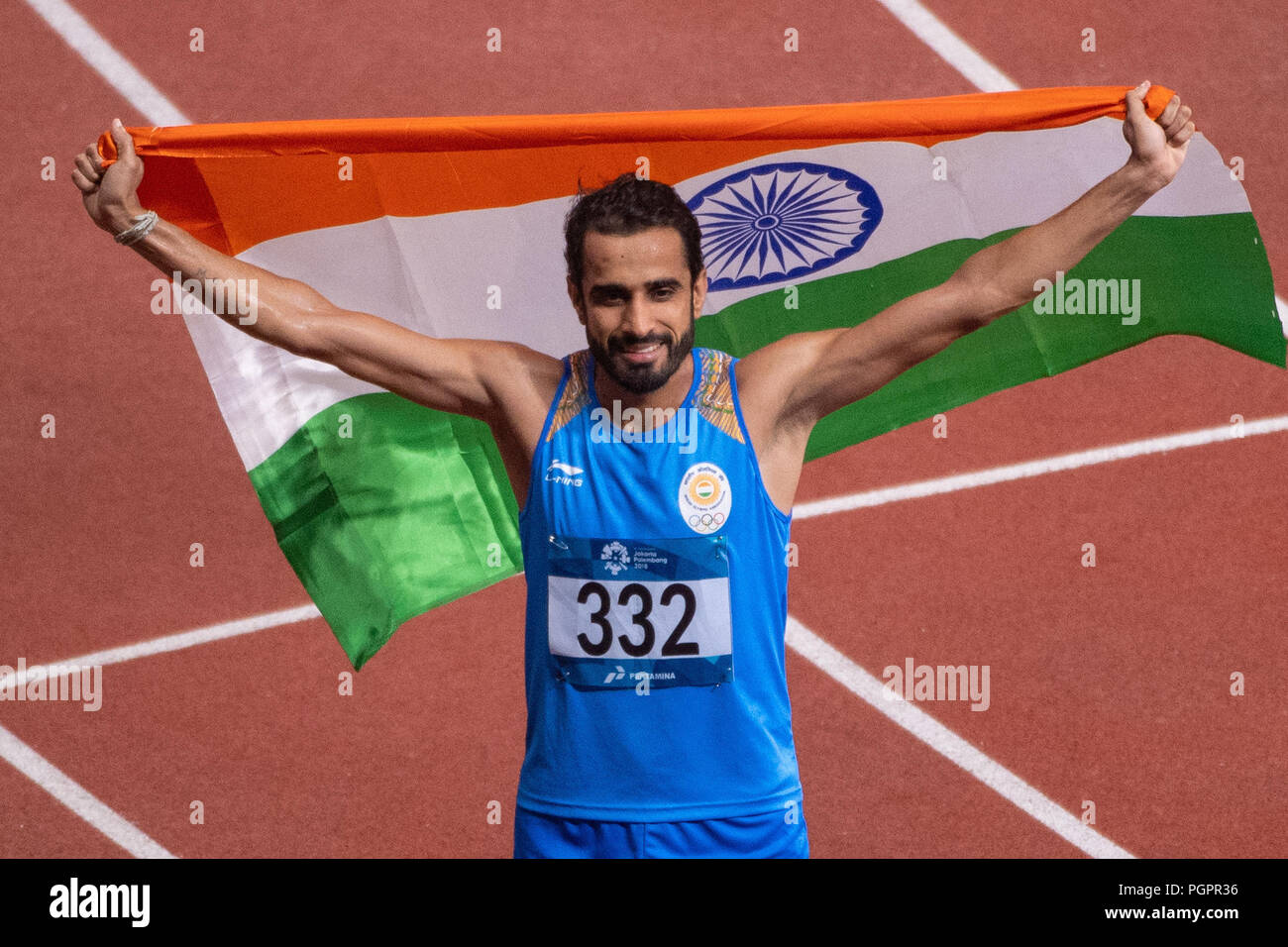 Jakarta. 28th Aug, 2018. Manjit Singh of India celebrates after men's ...