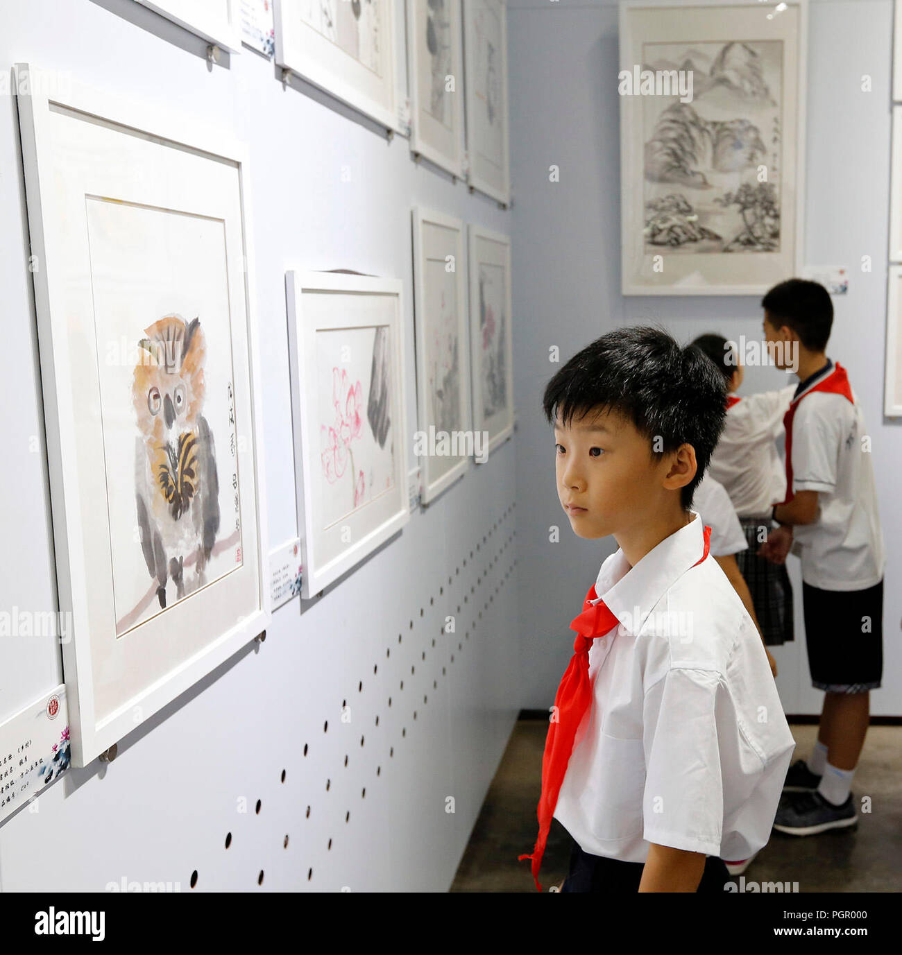 Beijing, China. 28th Aug, 2018. Students view pictures during an ...