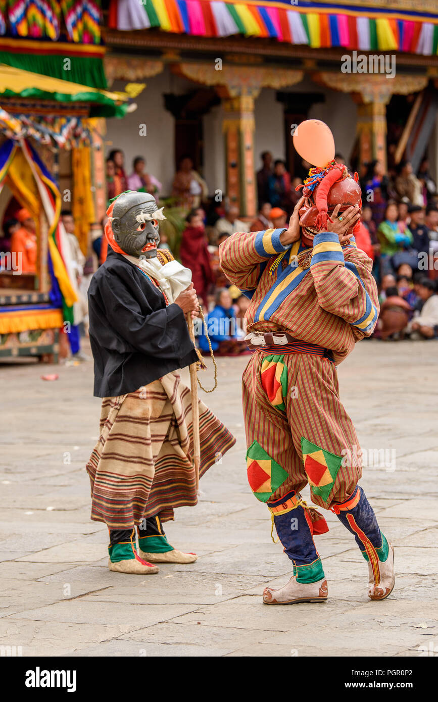 TRIMPHU, BHUTAN - MAR 8, 2017: Unidentified Ngalops men in masks show ...