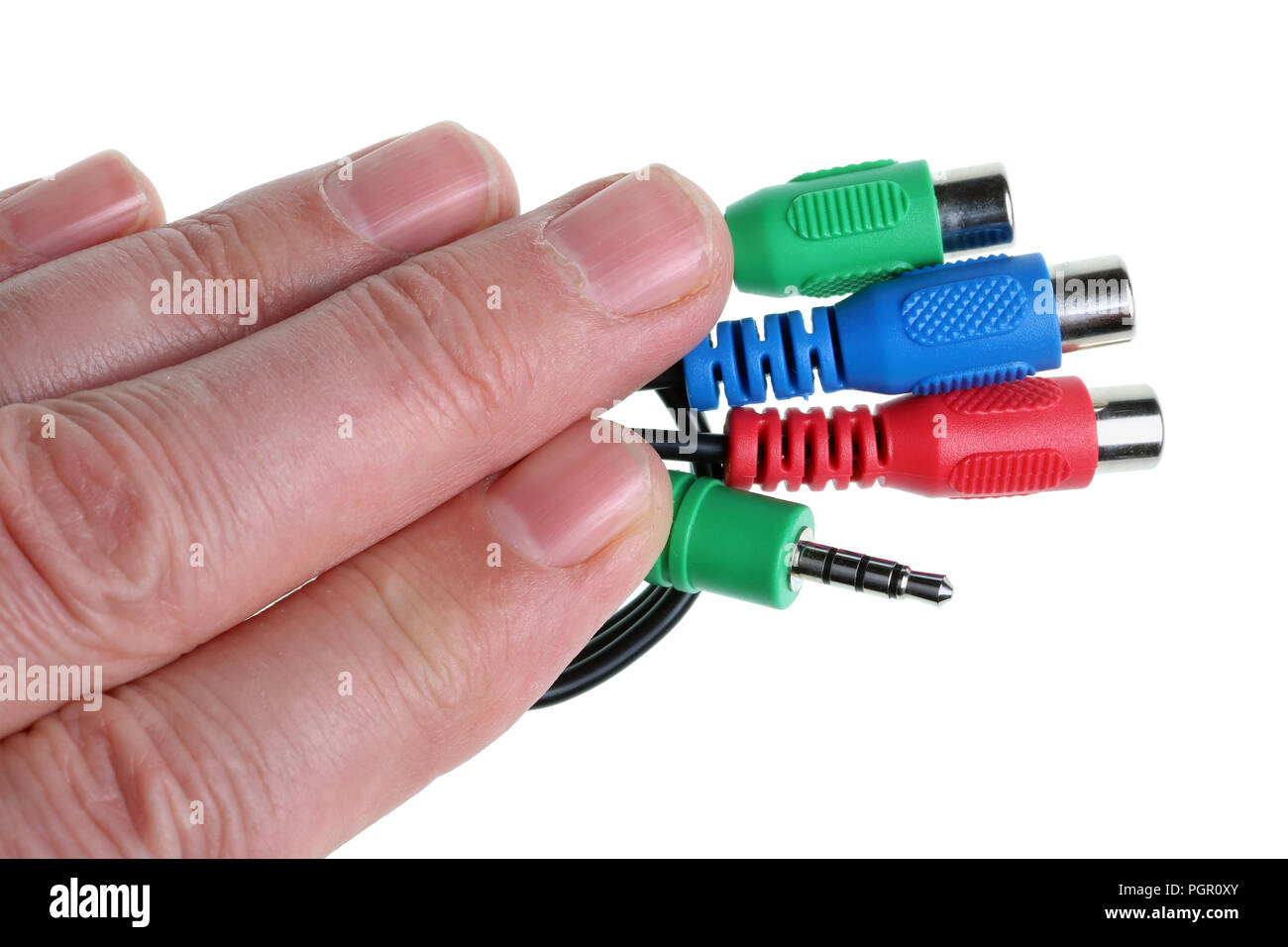 Engineer keeps his fingers audio video mass production cables with ...