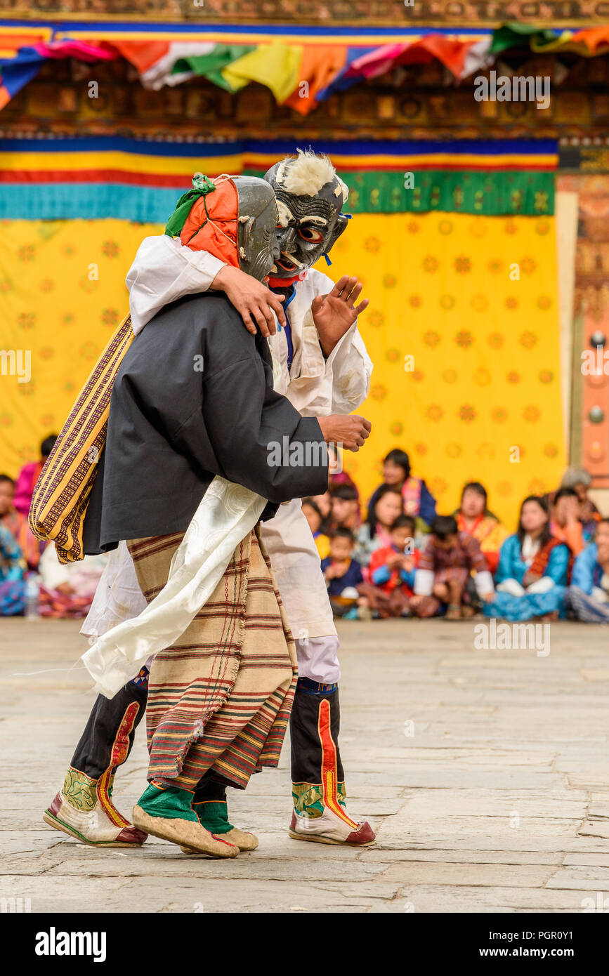 TRIMPHU, BHUTAN - MAR 8, 2017: Unidentified Ngalops men in masks show ...