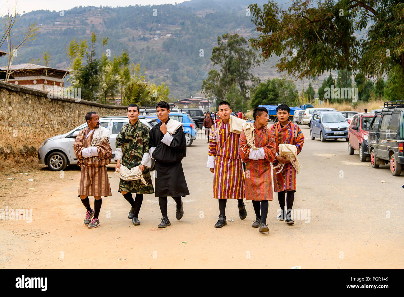 TRIMPHU, BHUTAN - MAR 8, 2017: Unidentified Ngalops people walk aong ...