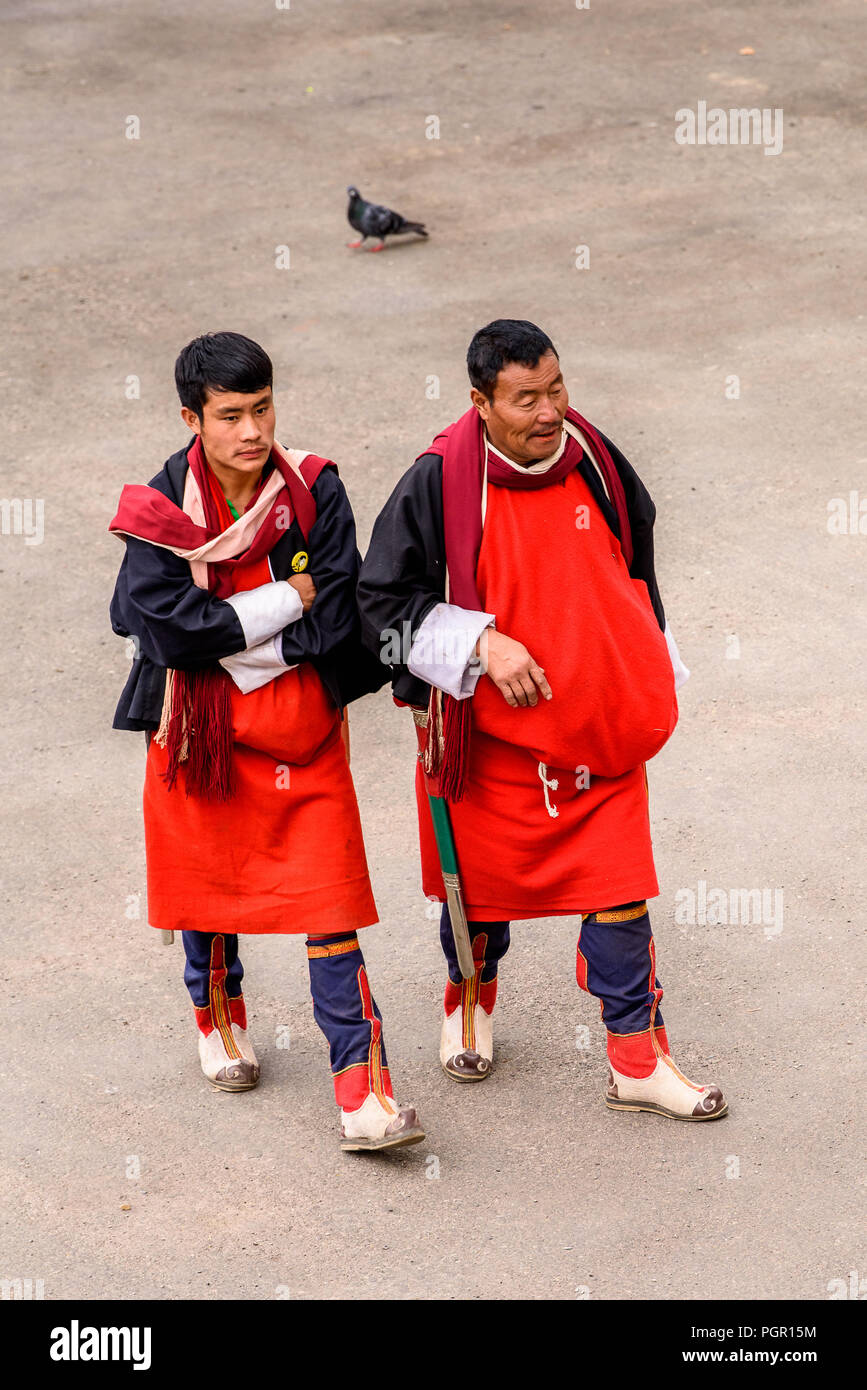 TRIMPHU, BHUTAN - MAR 8, 2017: Unidentified Ngalops men in traditional ...