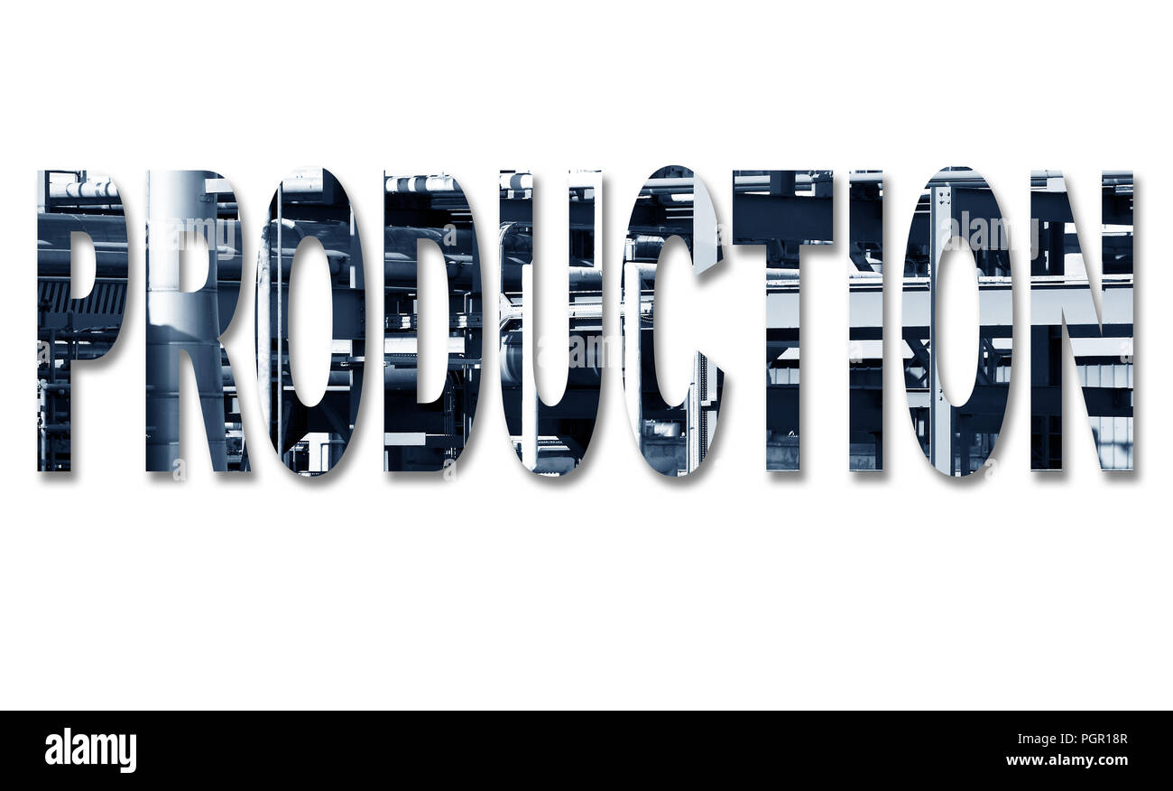 Production with an image of a gas terminal inside the text in blue with ...