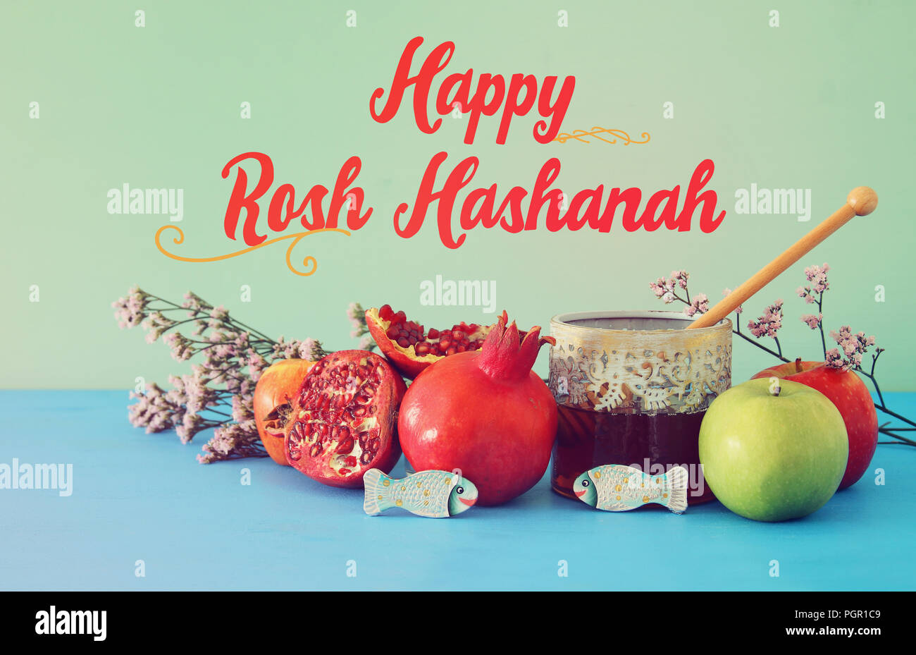 Rosh hashanah (jewish New Year holiday) concept. Traditional symbols ...