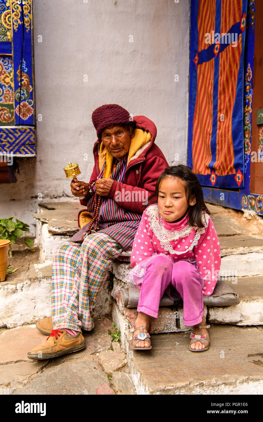TRIMPHU, BHUTAN - MAR 8, 2017: Unidentified Ngalops old man and a ...