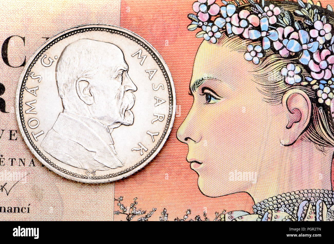 Czech coin and banknote: 1928 Tomas Masaryk coin on 1949 20Kc ...