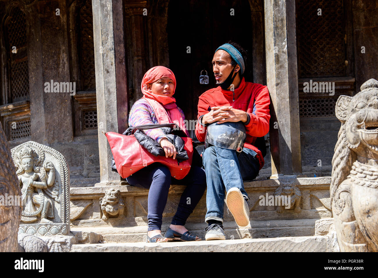 KATMANDU, NEPAL - MAR 6, 2017: Unidentified Chhetri people sit on the ...