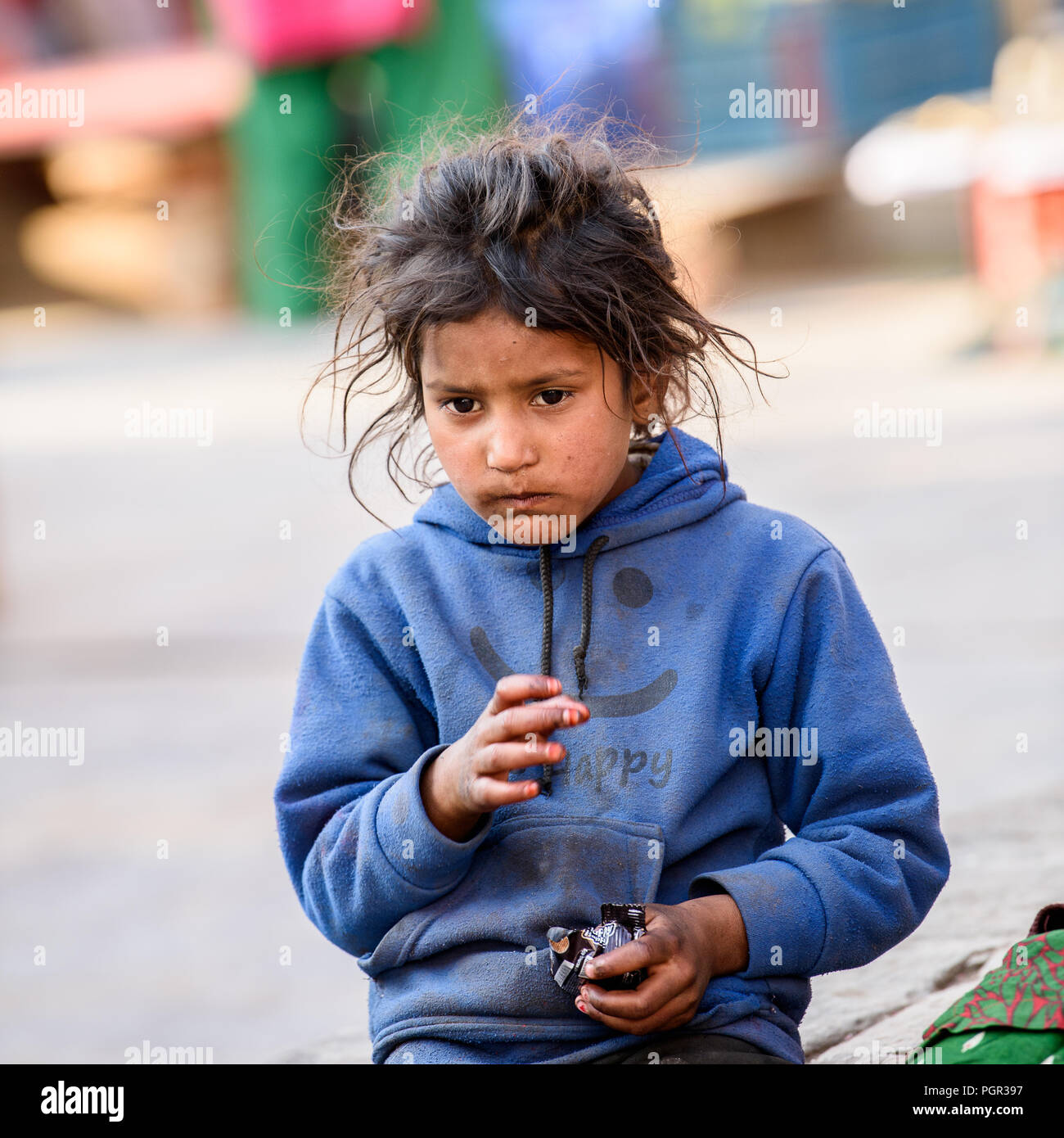 KATMANDU, NEPAL - MAR 6, 2017: Unidentified Chhetri little girl in blue ...