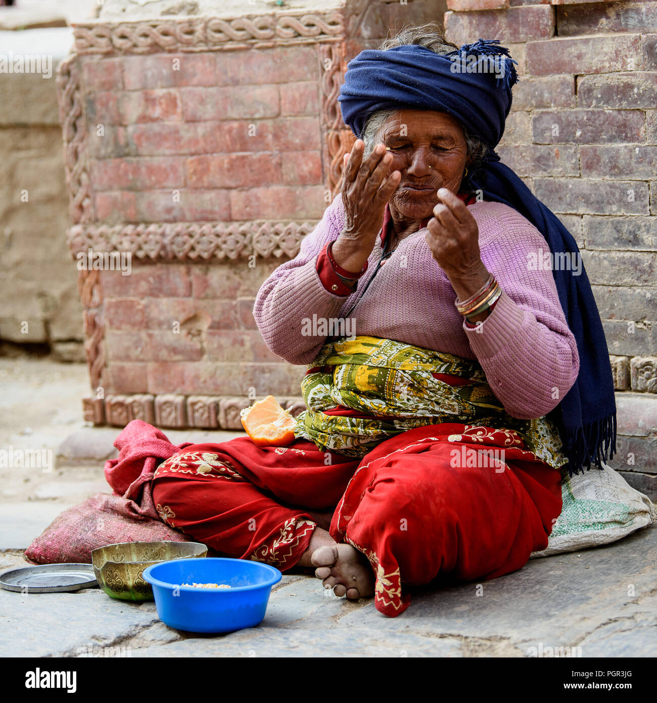 KATMANDU, NEPAL - MAR 6, 2017: Unidentified Chhetri woman in headscarf ...