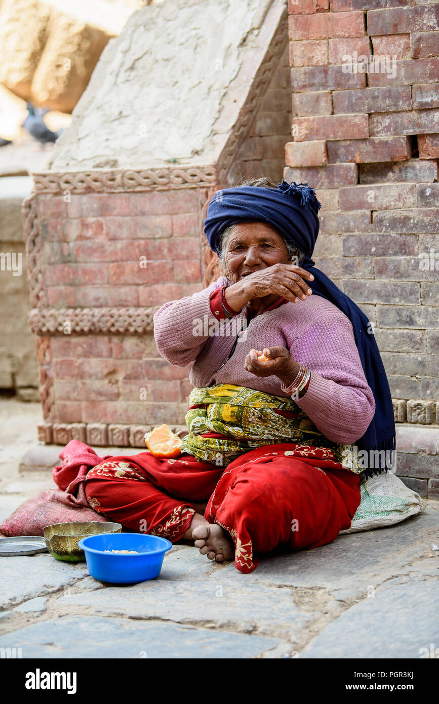 KATMANDU, NEPAL - MAR 6, 2017: Unidentified Chhetri woman in headscarf ...