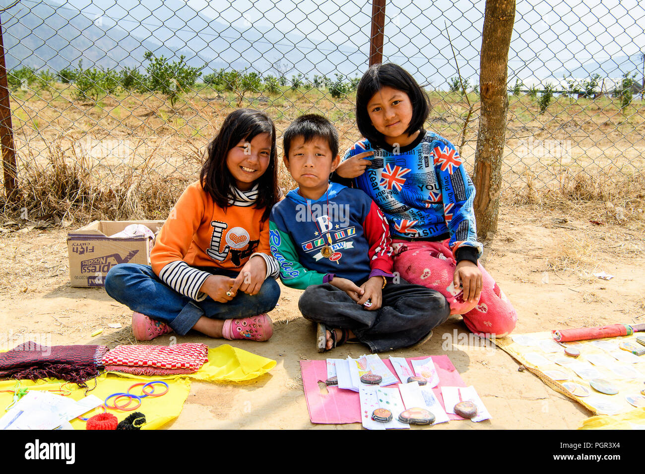 TRIMPHU, BHUTAN - MAR 8, 2017: Unidentified Ngalops children play on ...