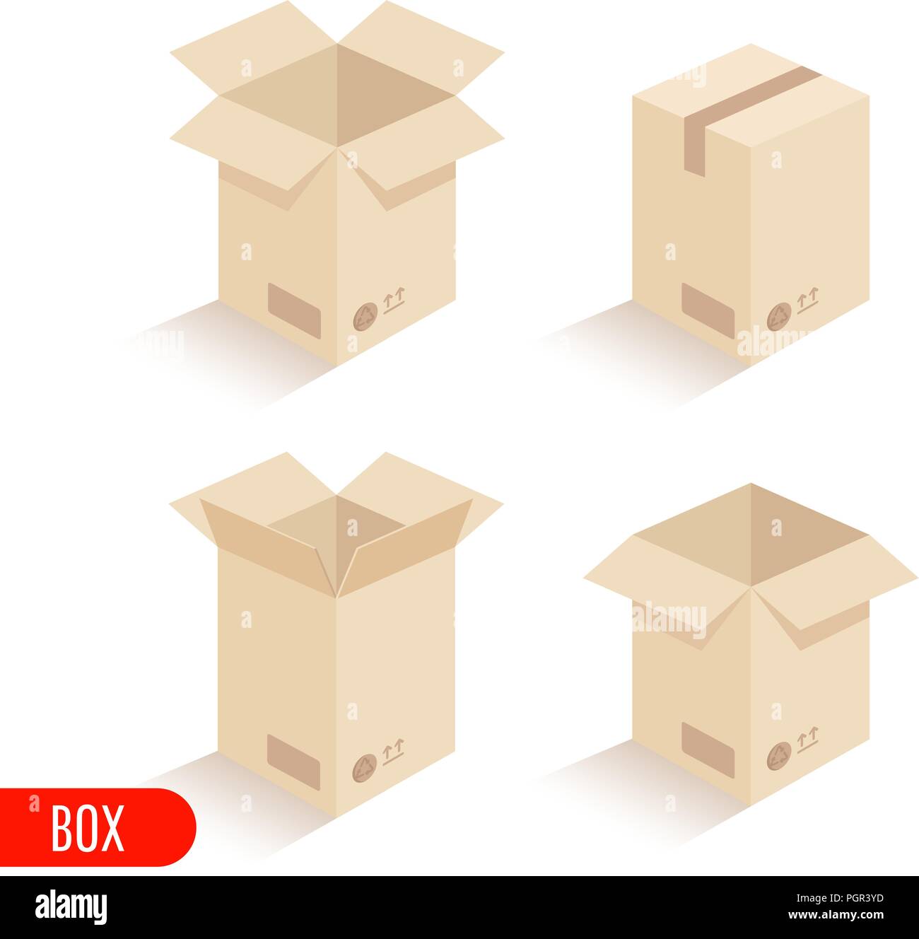 Set closed and open cardboard boxes on white background. Isometric ...