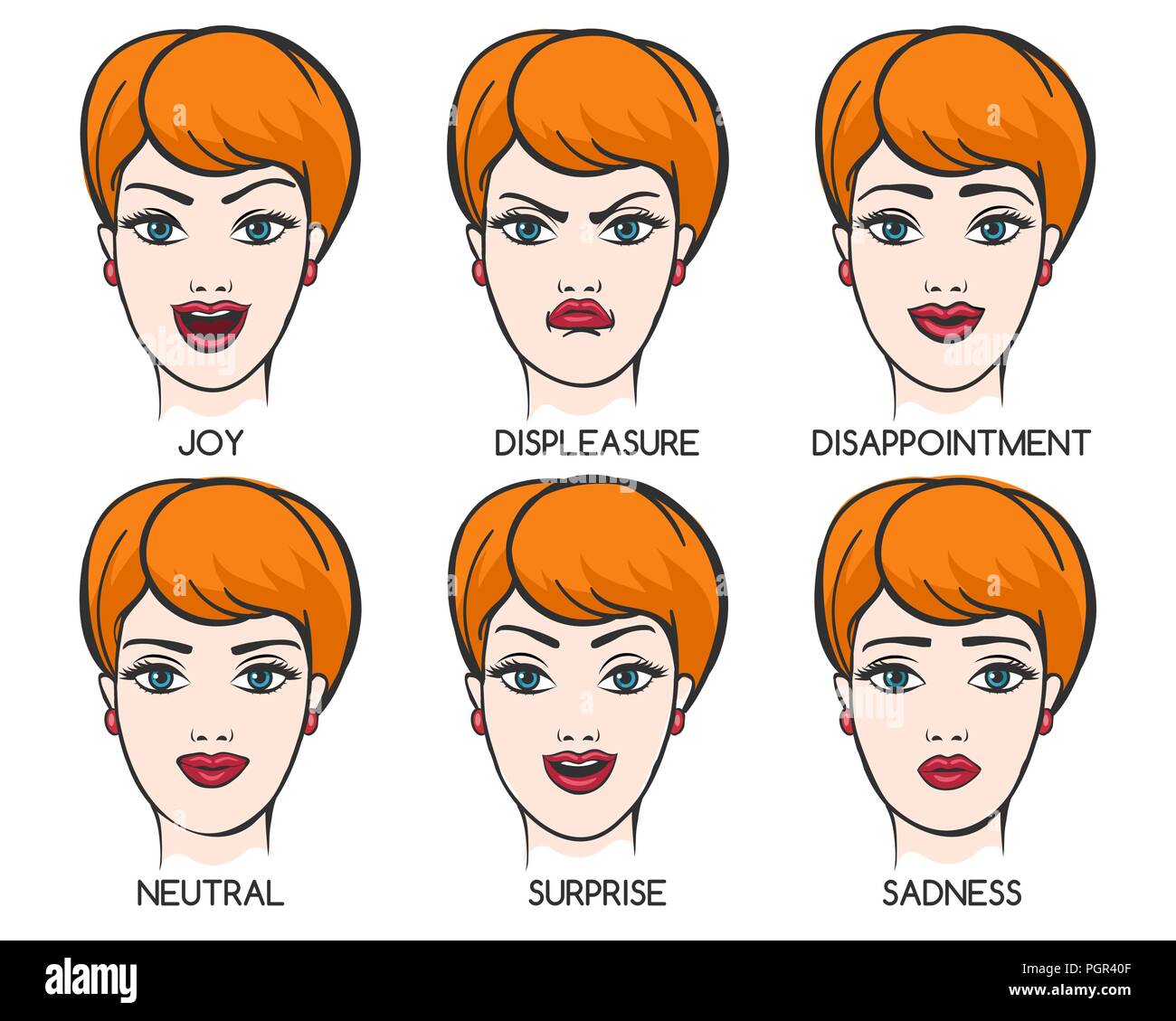 Girl with six different face expressions. Vector Illustration Stock ...