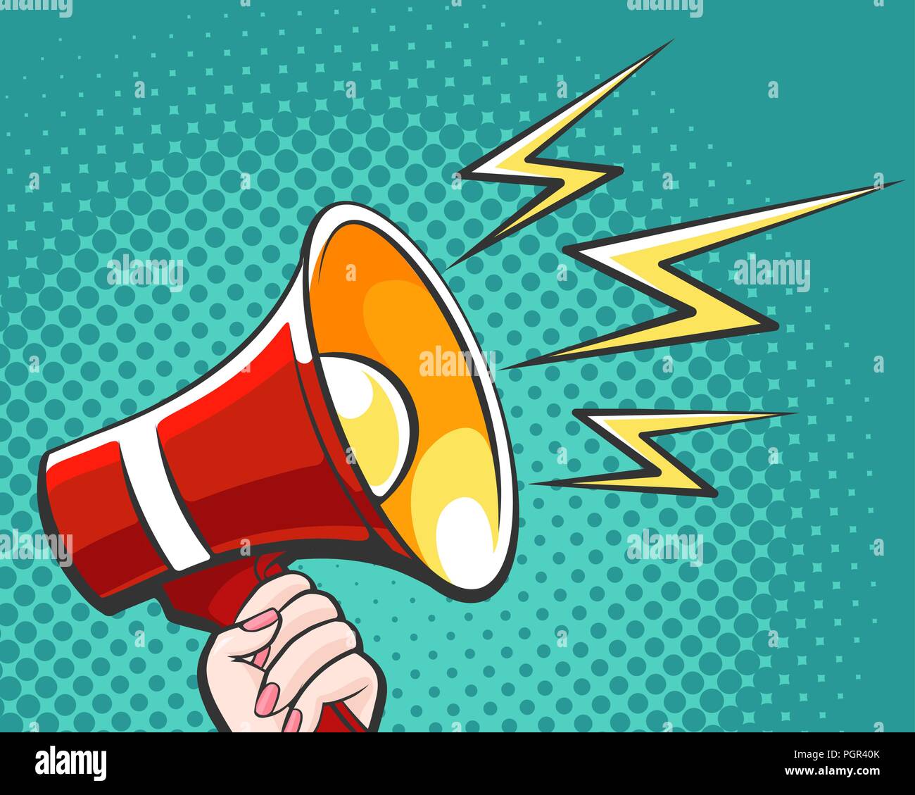 Female hand with megaphone drawn in retro pop art style. Vector ...