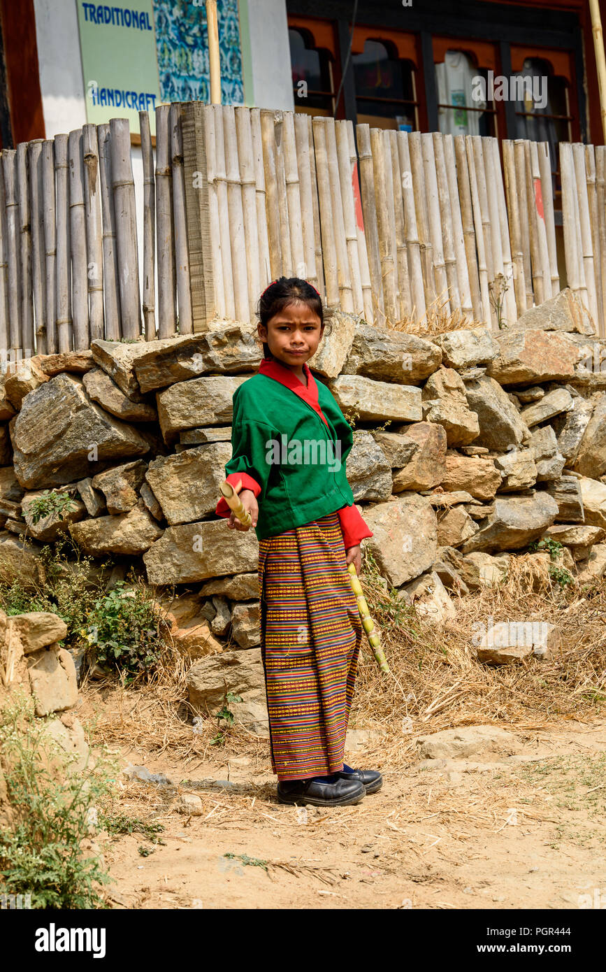 TRIMPHU, BHUTAN - MAR 8, 2017: Unidentified Ngalops little girl in ...