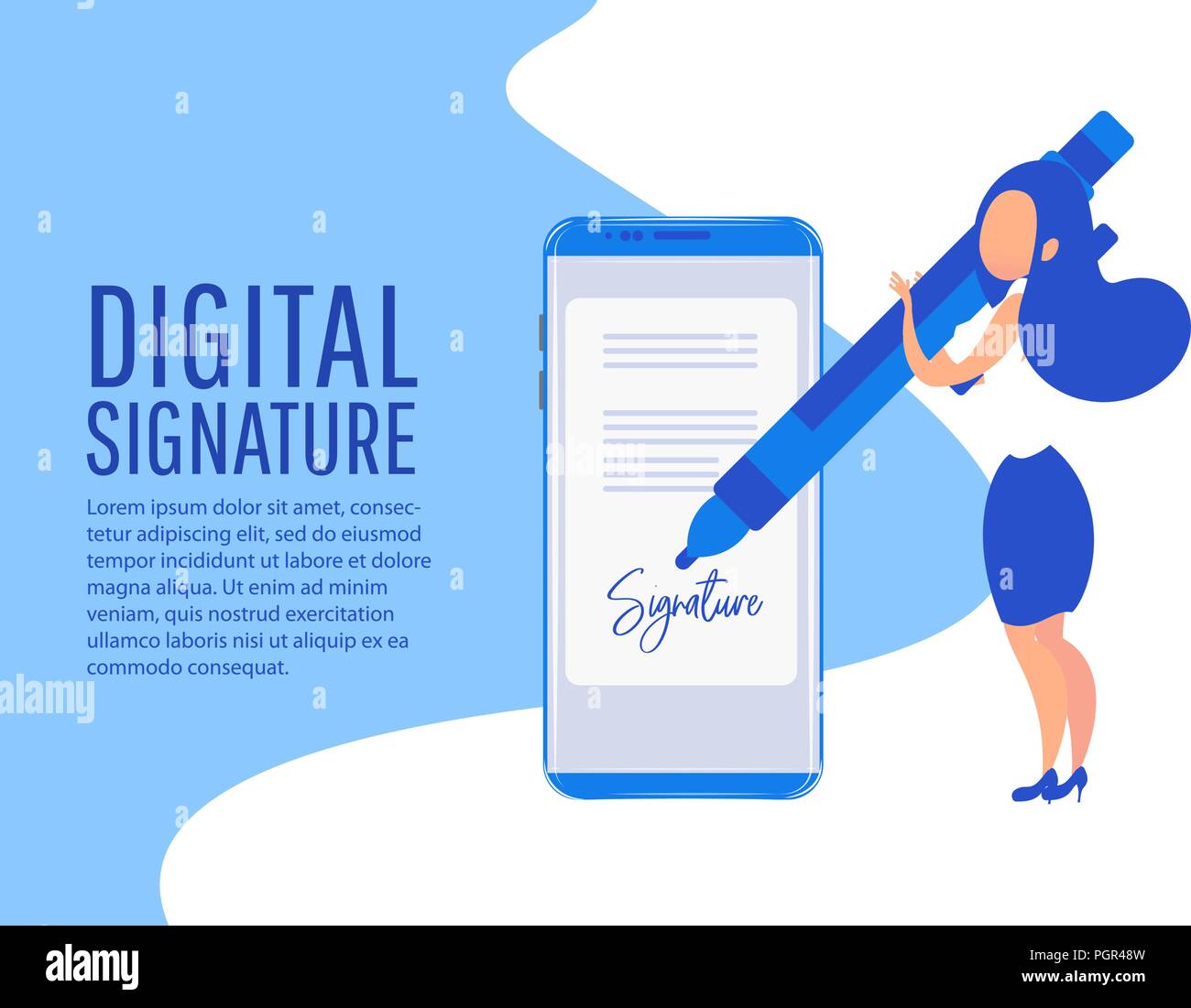 Digital signature. Businesswoman puts signature. Flat 3d web isometric ...