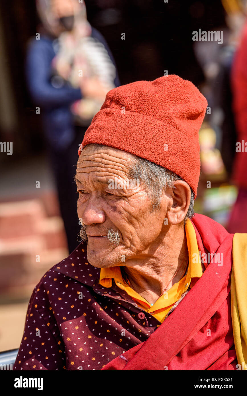 KATMANDU, NEPAL - MAR 6, 2017: Unidentified Chhetri man in red hat and ...