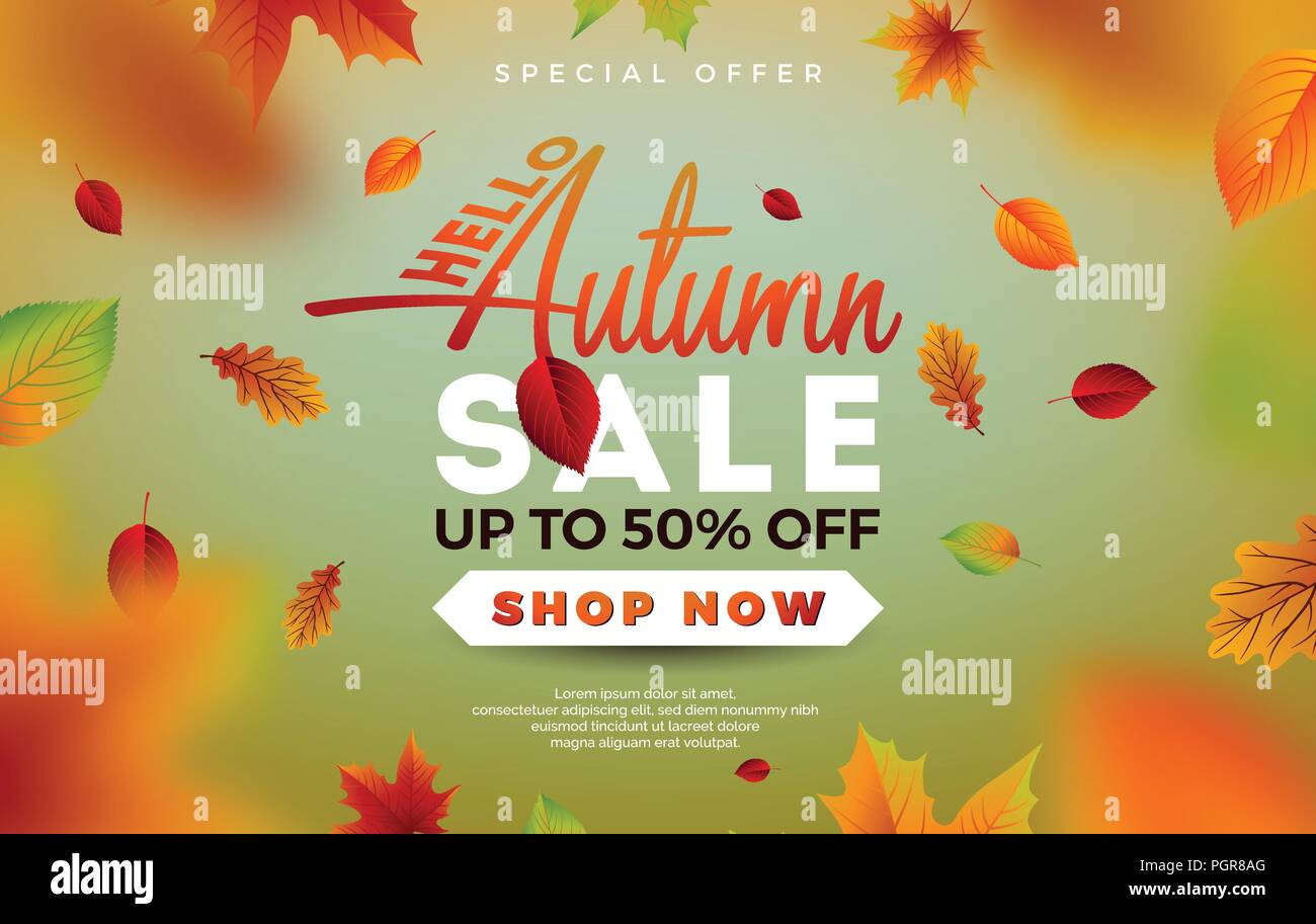 Autumn Sale Design with Falling Leaves and Lettering on Green ...