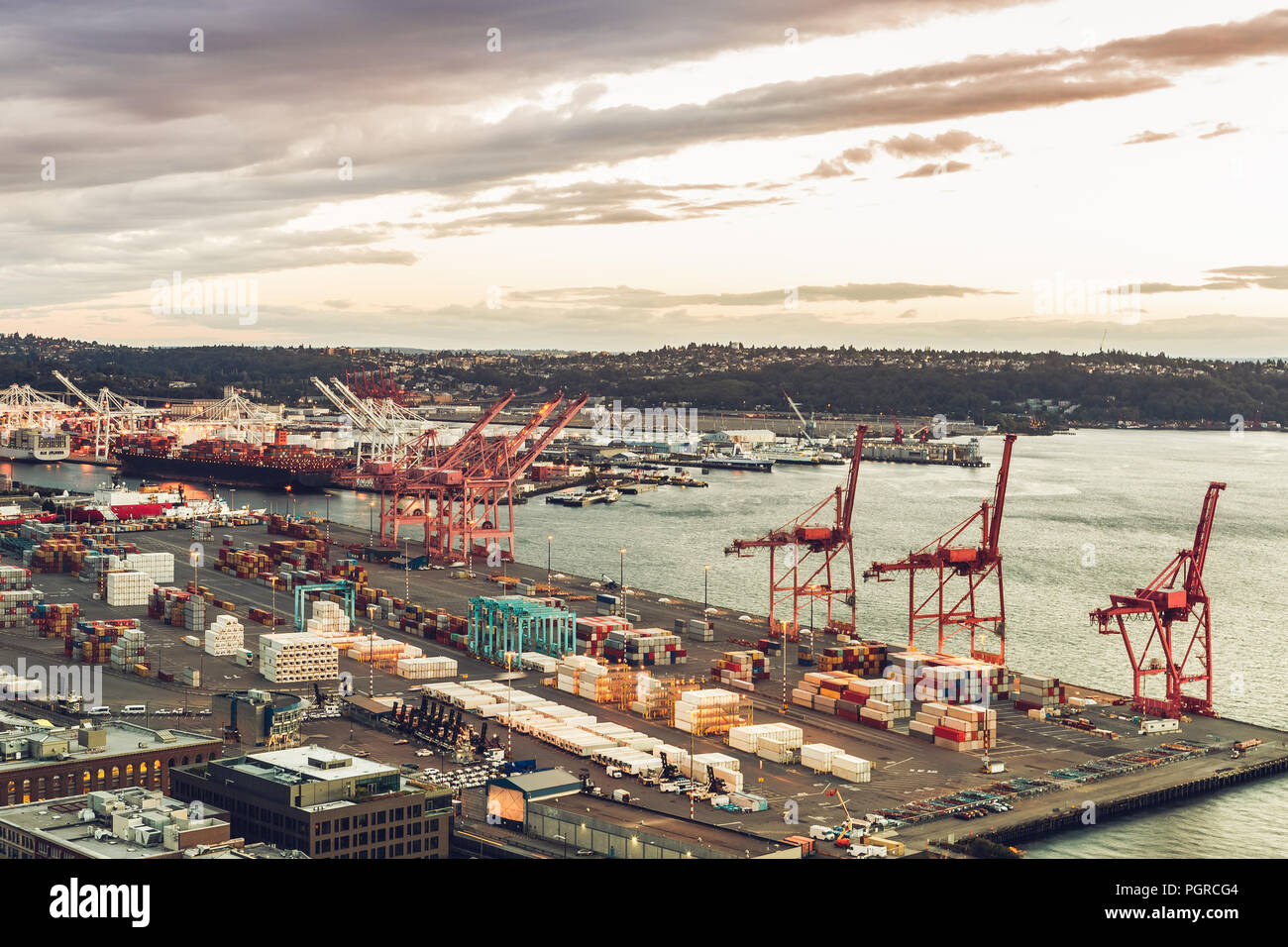 Port of Seattle along Puget Sound, view from the Smith Tower ...