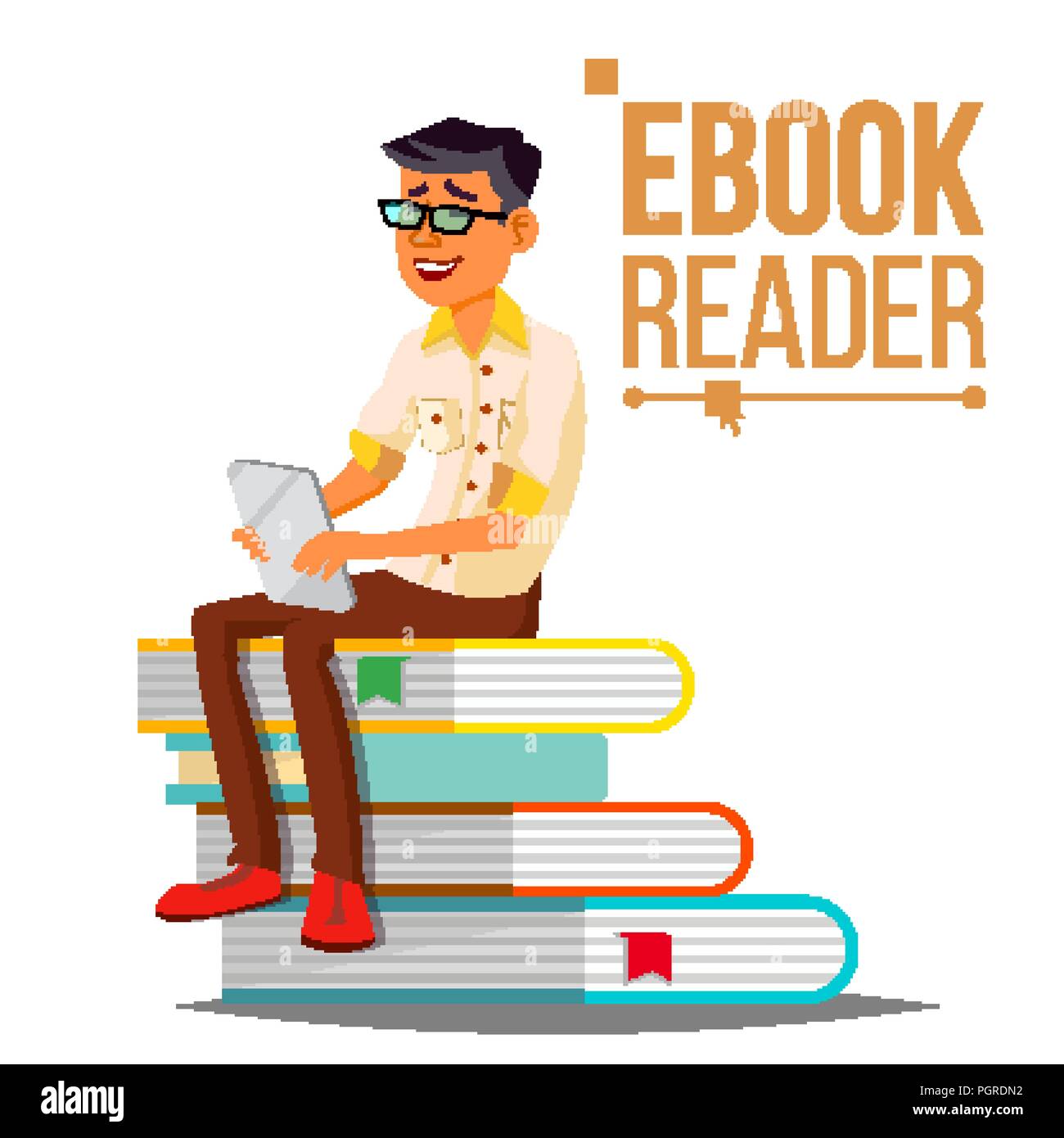 E-Book Reader Vector. Man. Contemporary Education. Stack Of Books ...