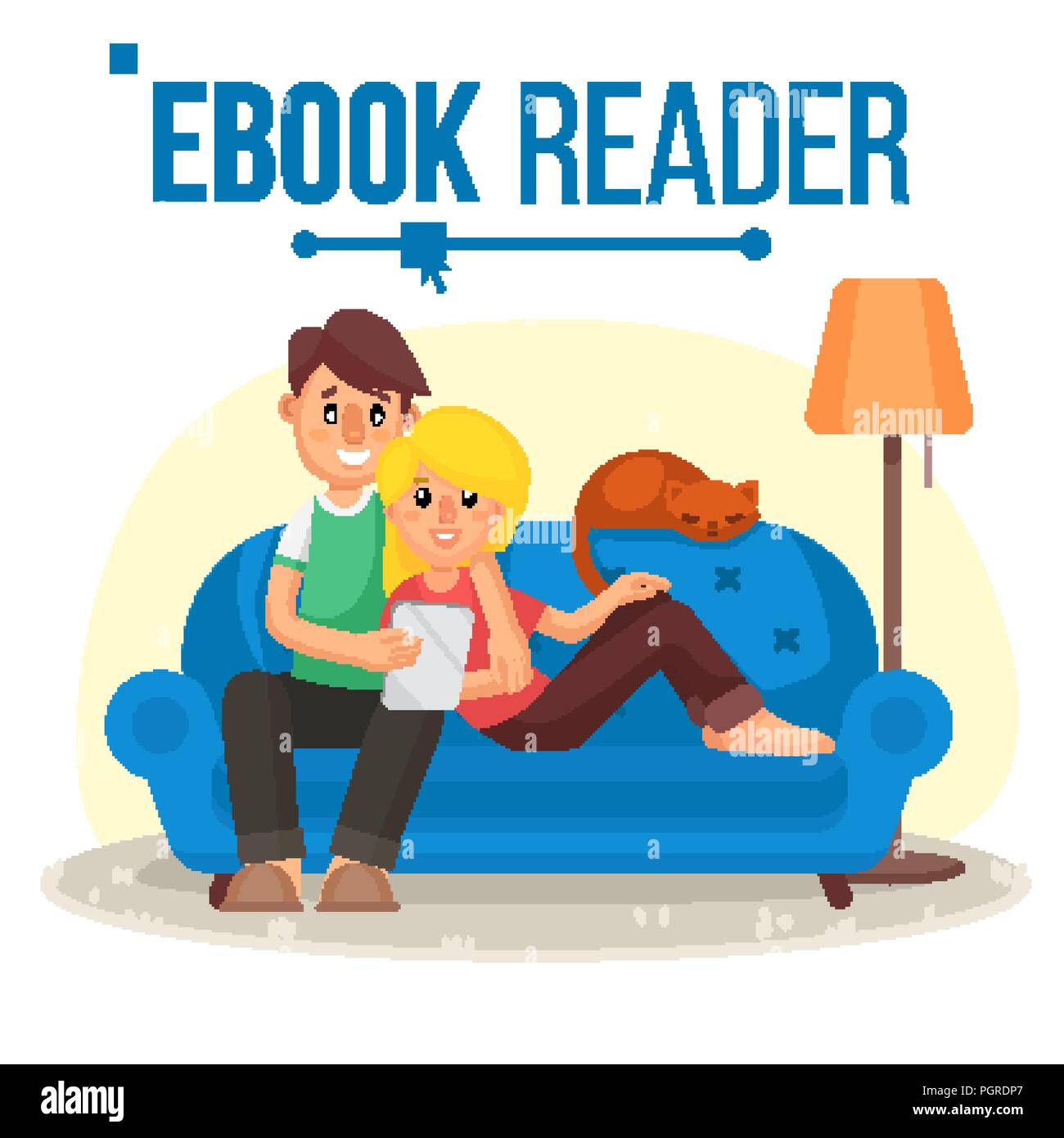 E-Book Reader Vector. E-Learning. Couple At Home. Online Library. Using ...