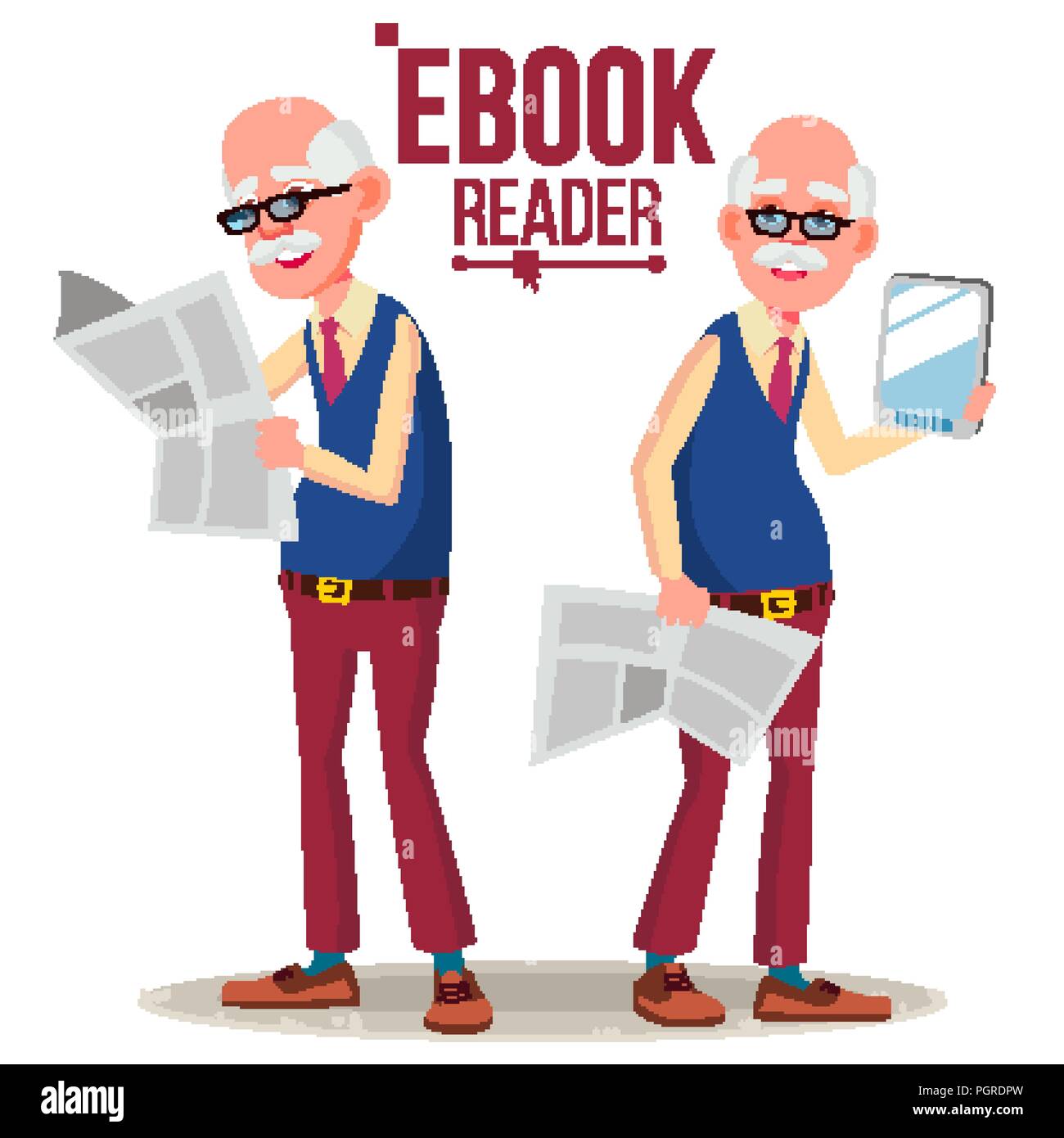 E-Book Reader Vector. Old Man. Paper Book VS E-book. Isolated Flat ...