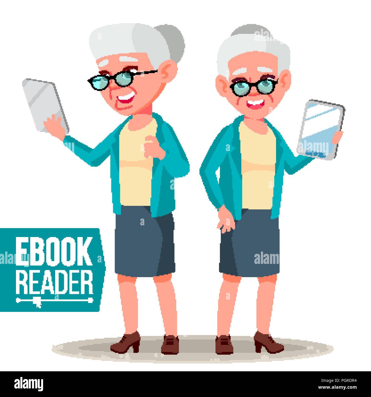 E-Book Reader Vector. Old Woman. Electronic Gadget. Mobile Library ...