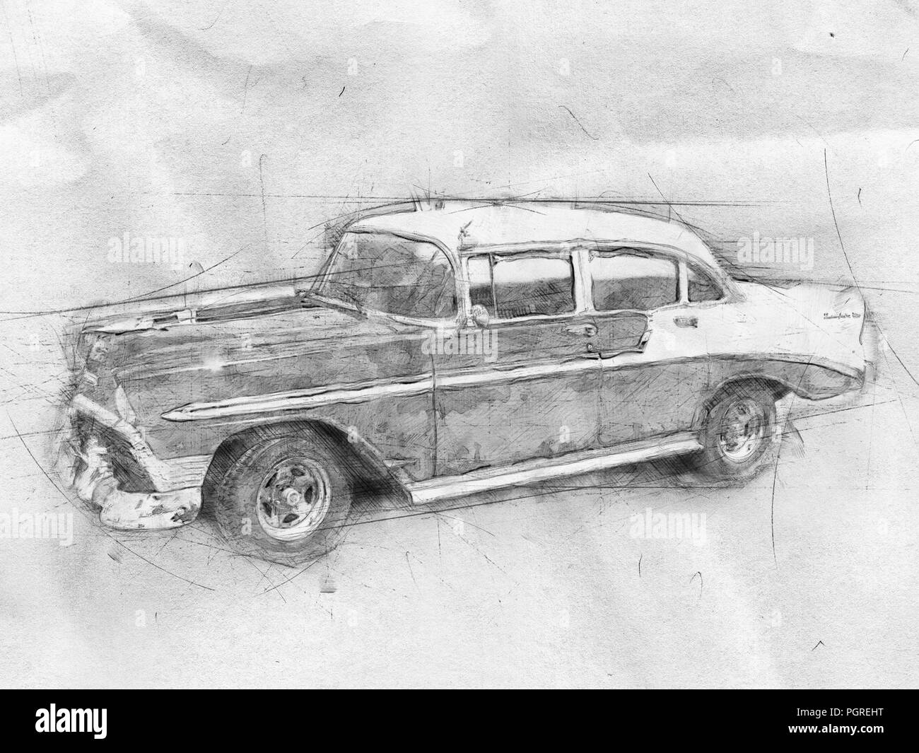 Classic car on the street. Old car Cuba. Drawing Stock Photo - Alamy