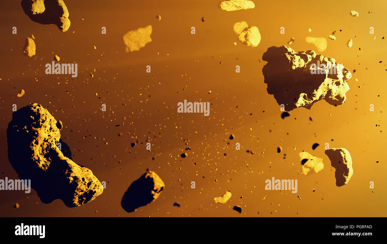 a group of asteroids lit by the Sun, asteroid belt space scene (3d ...