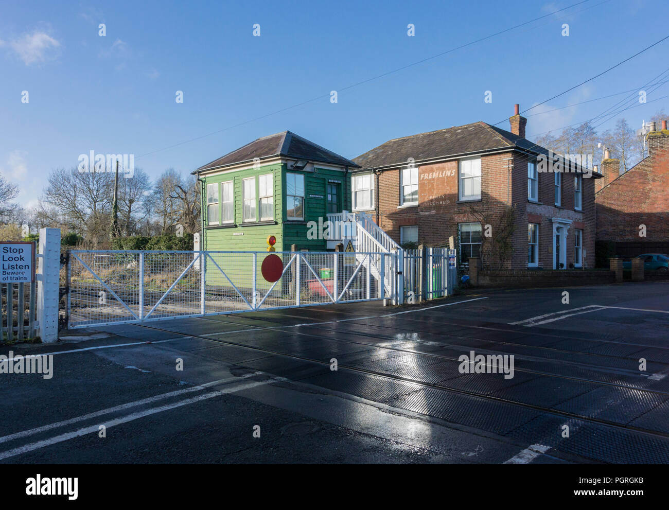 Signal box and railway crossing in the ancient village of Chartham ...